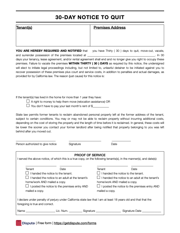 30 Day Notice To Quit For California Dispute